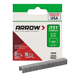 Arrow 215 JT21 Thin Wire Staples for Staple Guns and Staplers, Use for Upholstery, Crafts, General Repairs, 5/16-Inch Leg Length, 7/16-Inch Crown Width, 1000-Pack