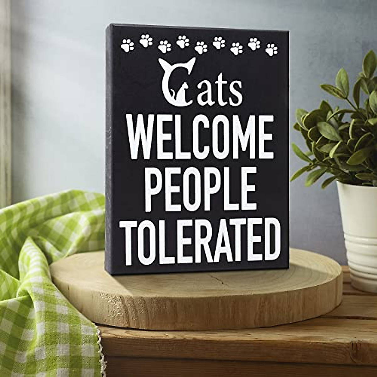 JennyGems Cats Welcome People Tolerated Wooden Sign, Cat Mom Gift and Decor, Funny Cat Signs, Made in USA