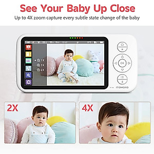 Itomoro Baby Monitor with 2 Cameras, 5" HD Split-Screen Video Baby Monitor Camera with Remote PTZ, 110° Wide Angle Lens, 2-Way Talk, 4X Zoom, Night Vision, 1000ft Range, 22h Battery Life, Lullabies