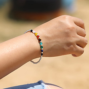 Jewever 7 Chakra Healing Bracelet with Real Stones Sterling Silver Bracelets for Women Crystals and Healing Stones Yoga Meditation Balance Stretch