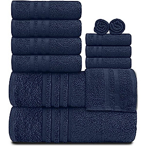 White Classic 12 Piece Bath Towel Set for Bathroom - Wealuxe Collection 2 Bath Towels, 4 Hand Towels, 6 Washcloths 100% Cotton Soft and Plush Highly Absorbent, Soft Towel for Hotel & Spa - Navy