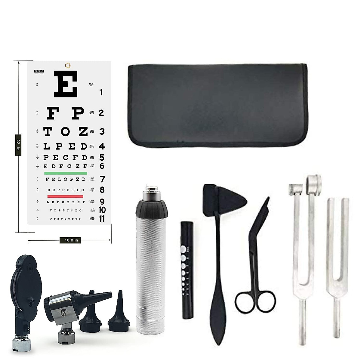 SURGICAL ONLINE Tactical Black - Set of Multi Purpose Diagnostic kit for Neurological, EMT and Eye EXAM, Reflex Percussion Taylor Hammer + Penlight + Tuning Fork C 128 C 512 + Bandage Scissors 5.5"