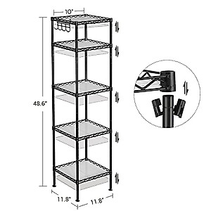 SONGMICS Bathroom Shelf, Storage Rack for Small Space, Total Load Capacity 220 lb, 11.8 x 11.8 x 48.6 Inches, with 5 PP Sheets, Removable Hooks, Extendable Design, Black and Translucent ULGR23BK