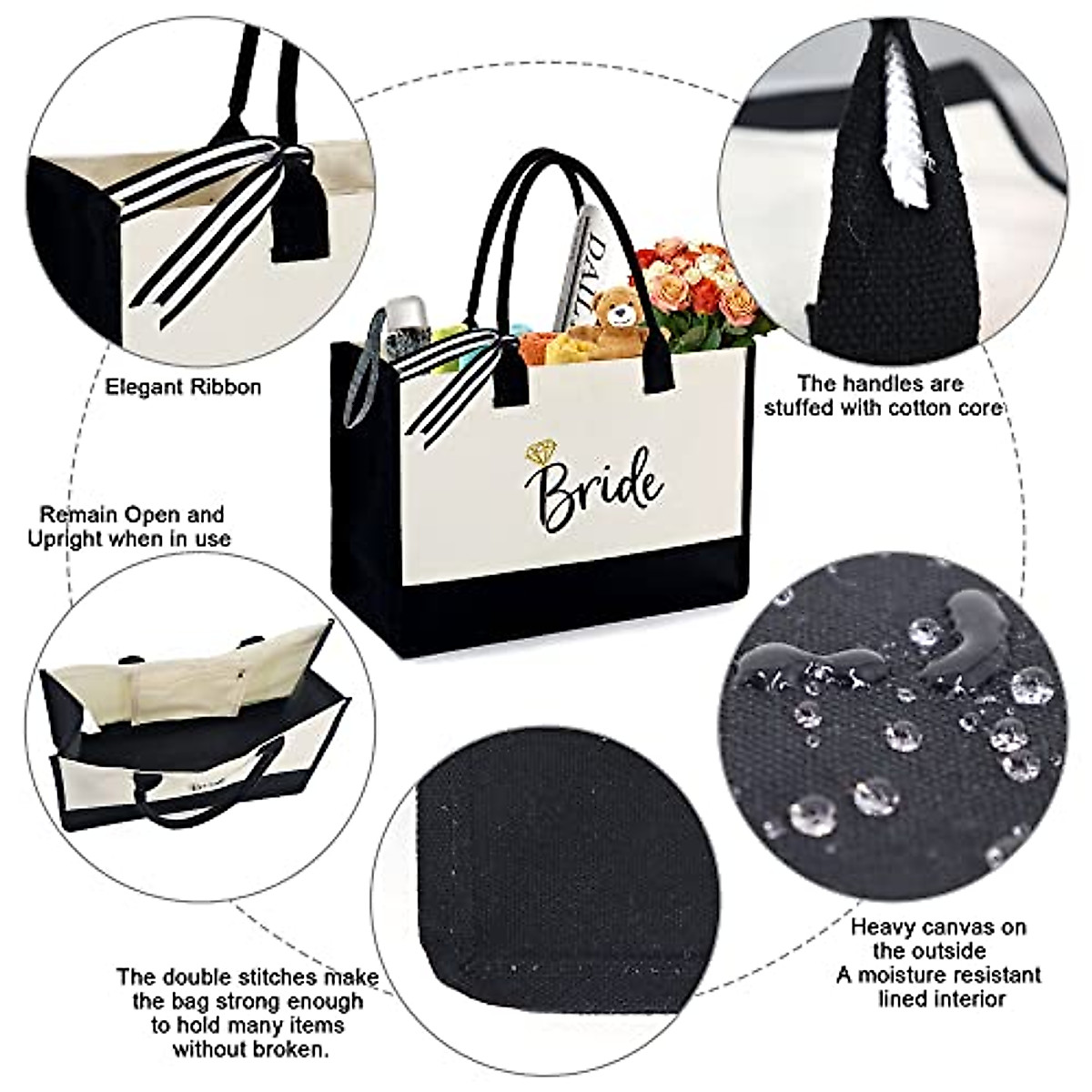 BeeGreen Bride Bag Gift with Pocket Embroidery 13oz Canvas Bridesmaid Gifts Congratulations Gifts for Women Cool Bridal Shower Gift for Honeymoon Wedding Engagement Bachelorette