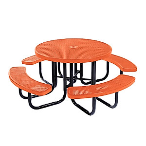Coated Outdoor Furniture Heavy-Duty Portable Outdoor Picnic Table with Umbrella Hole, Punched Steel Commercial-Grade Patio Dining Furniture Made in America (46" Round Top, Orange)