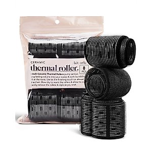 Kitsch Ceramic Thermal Rollers - Self Grip Hair Rollers for Blowout Look Long Hair, Curlers for Short Hair and Medium Hair, Volume Curls, Ceramic Coated Core, Valentines Gift for Her - Black, 8pc