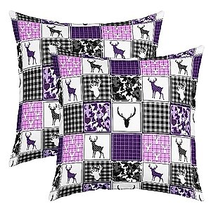 Set of 2 Camo Deer Throw Pillow Covers 20x20 Inch, Buffalo Check Pillow Covers for Girls, Patchwork Geometric Plaid Purple Gray Farmhouse Boho Xmas Camouflage Antlers Moose Elk Cushion Cases