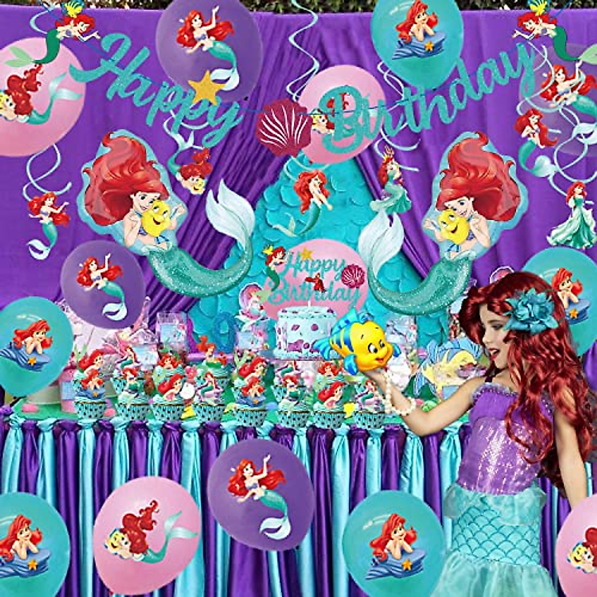 GOGOPARTY Little Mermaid Birthday Decorations , 52 Pcs Mermaid Ariel Birthday Party Supplies Include Banner, Cake Topper, Cupcake Topper, Balloons, Swirl for Kids Baby Shower Mermaid Party Decors