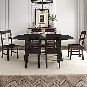 Danxee 7 Piece Solid Wood Dining Room Set, Retro Industrial Style Kitchen Table Set Extendable Table with 18” Leaf and Six Wood Chairs, Rectangle Table with Chairs for Limited Space (Espresso)