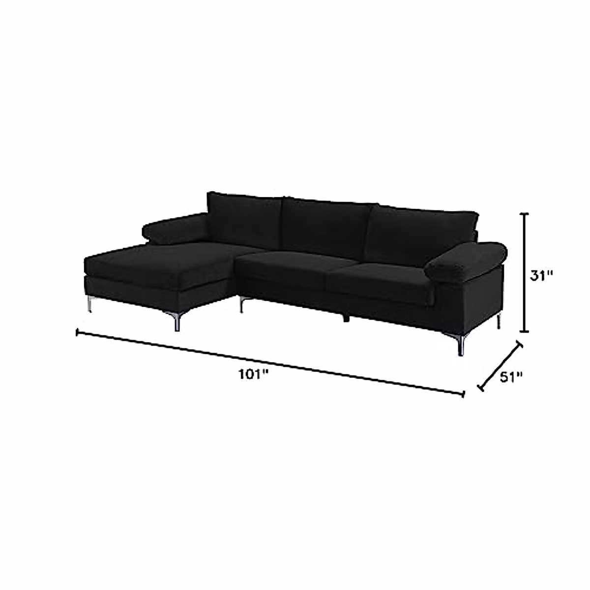 Casa Andrea Milano Modern Velvet Fabric Sectional Sofa, L-Shape Couch with Extra Wide Chaise Lounge