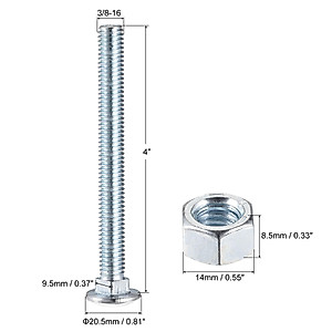 uxcell 3/8-16 x 4 Square Neck Carriage Bolts with Nuts & Washers, Carbon Steel Coach Bolt Screws 5 Set