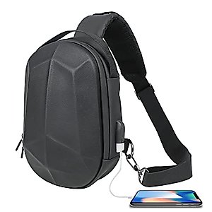 Wzsipod Small Hard Shell Sling Bag for Men Women, Crossbody Backpack Bag for Teenager, One Strap Chest Bags for Men, Lightweight Quest 2 Case With USB-A Charger Port for Daily Cycling Hiking (Black)