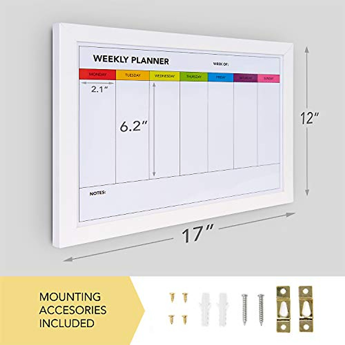 Weekly Dry Erase Board for Wall [17in x 12in] Weekly Whiteboard Planner and Magnetic Calendar - Days of The Week White Board for Schedule, Daily Meal Planner - Includes Full Mounting Kit