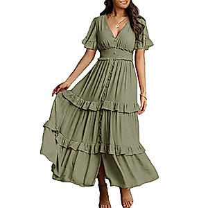 Amegoya Women's Summer Boho Tiered Maxi Dress V Neck Smocked Hight Waist Long Flowy Dress (Army Green S)