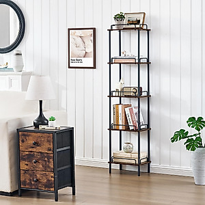 Gewudraw 5-Tier Tall Bookshelf, Narrow Bookcase with guardrail, Freestanding Storage Stand Display Rack for Living Room, Bedroom, Home Office, 11 x 14 x 59 Inches, Rustic Brown and Black