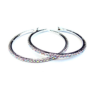 Crystal Iridescent Silver Tone Rhinestone Hoop Earrings 3 inch Hoop Earrings