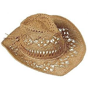 EOZY Men & Women's Summer Cowboy Cowgirl Straw Hat Hollow Out Woven Roll Up Wide Brim Hat/Camel
