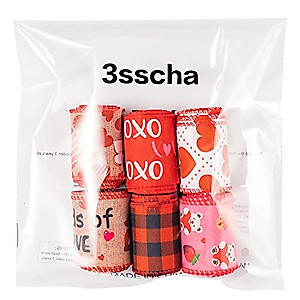 3sscha 6 Rolls Love Wired Edge Ribbons Loads of Love XOXO Bear Heart 2.5in x 30 Yards Romance Red Black Grid Wrapping Ribbon for Wedding Anniversary Proposal Marriage Decorations