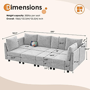Fiona's magic 106'' Modular Sectional Sofa Sleeper Set, 8 Seats Sleeper Couch with Storage, U Shaped Sofa Couch with USB Charging Port, Modern Comfy Chenille Couch for Living Room, Light Grey