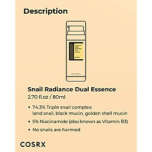 COSRX Niacinamide 5% + Snail Mucin 74% Dual Essence, Dark Spot & Anti aging Face Serum, Hydrating, Brightening, 2.70 fl.oz / 80ml