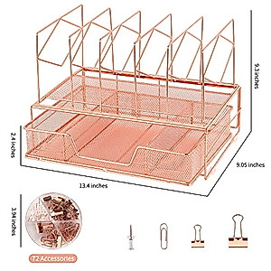 Spacrea Rose Gold Desk Organizers - File Organizer Desk Accessories with Vertical File Folder Holders & Sliding Drawer, Office Supplies for Workspace College Dorm Home(Binder Clips Included)