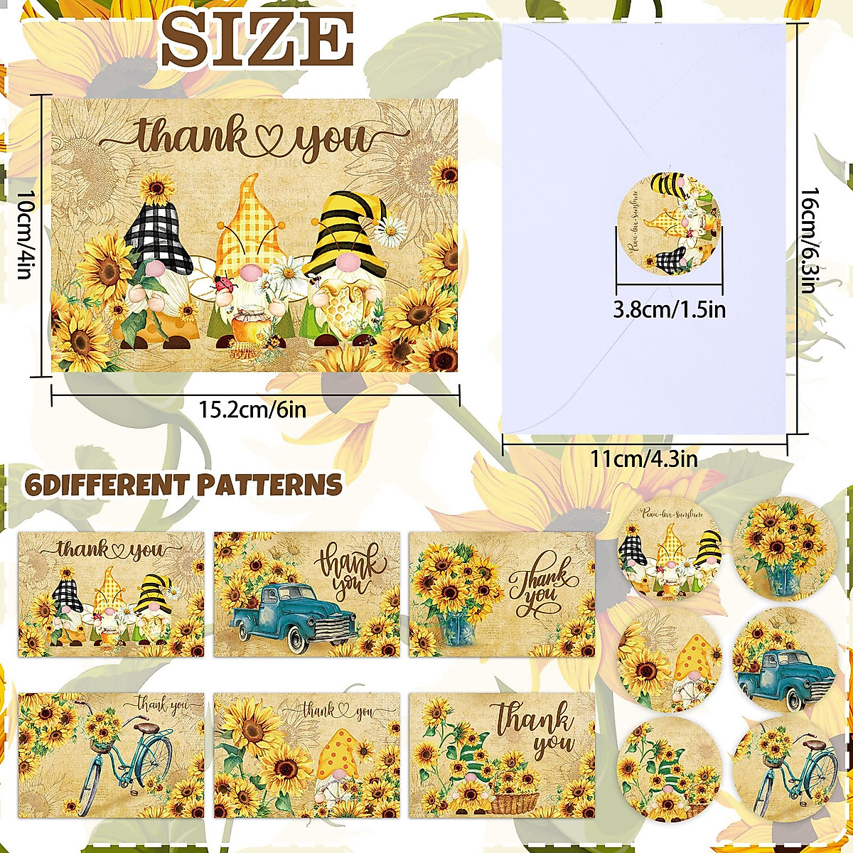 Whaline 36 Pack Sunflower Thank You Cards Vintage Spring Summer Flower Truck Notes with Stickers Envelopes Retro Floral Blank Cards for Baby Shower Wedding Birthday Bridal Shower Party