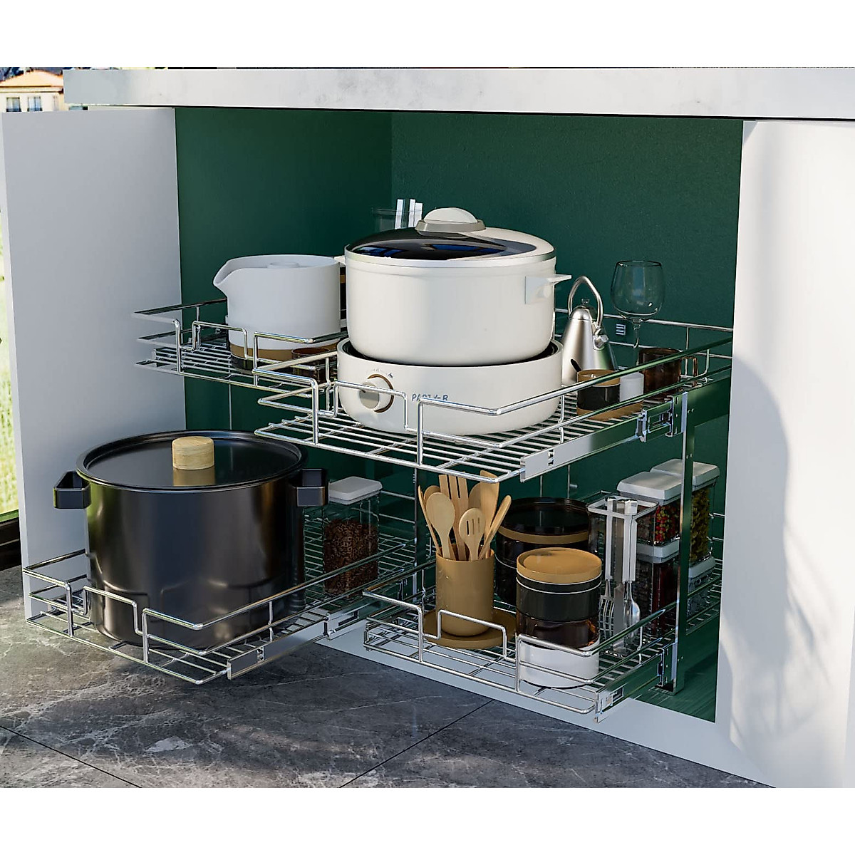 LOVMOR 2 Tier Individual Pull Out Cabinet Organizer 11" W x 18" D, Slide Out Kitchen Cabinet Storage Sliding Shelves