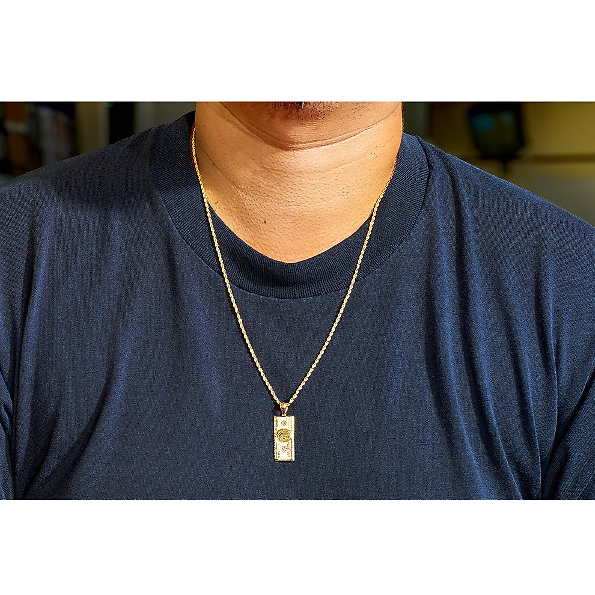 LoveBling 10K Yellow Gold Hundred Dollar Bill, Benjamin Franklin, Back to Back Charm Pendant (1.45" x 0.47")