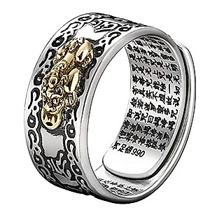 JAJAFOOK 990 Silver PIXIU MANI Amulet Lucky Wealth Buddhist Mantra Ring Wealth Money Feng Shui Ring Jewelry, Adjustable, Women