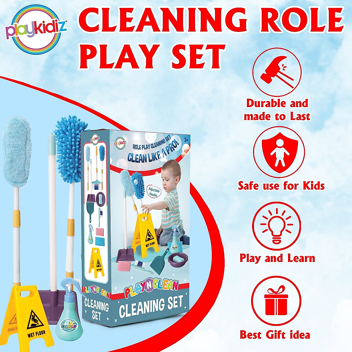 Playkidiz Kids Cleaning Set for Toddlers, Toy Broom & Mop Cleaning Accessory Set, Pretend Play Toys for Boys & Girls Ages 3+