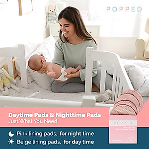 Popped Organic Cotton Breast Pads | Reusable and Washable Nursing Pads | Extra Absorbent Breastfeeding Pads | 1 Day Pair, 1 Night Pair (Pink, 4.5")