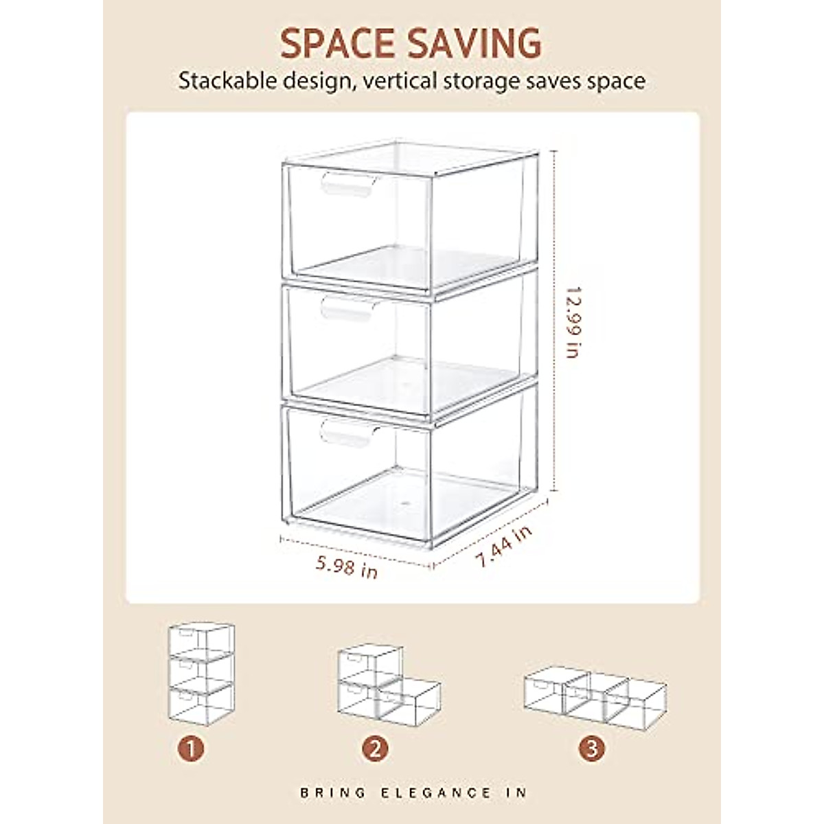 Syntus 3 Piece Set Stackable Makeup Organizer Drawers, 4.4'' Tall Bathroom Storage Drawer, Large Capacity Plastic Cosmetics Storage Box for Vanity, Kitchen Cabinets, Pantry Organization