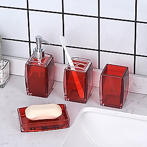 Yueranhu Red Bathroom Accessories Set, 4-Pieces Acrylic Bathroom Accesory Set Decor Gift - Toothbrush Holder, Toothbrush Cup, Soap/Lotion Dispenser, Soap Dish