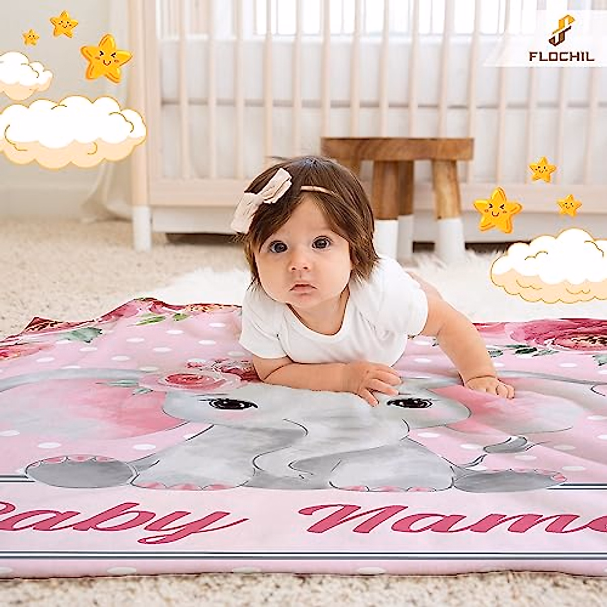 FLOCHIL Personalized Baby Blankets, Custom Baby Blanket - Baby Blanket with Name for Girls, Best Gift for Baby, Newborn Elephants Plush Fleece (30x40)