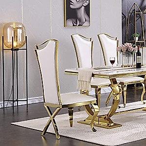 ACEDÉCOR Modern Dining Room Table with Gold Stainless Steel Metal U-Base in White Gold