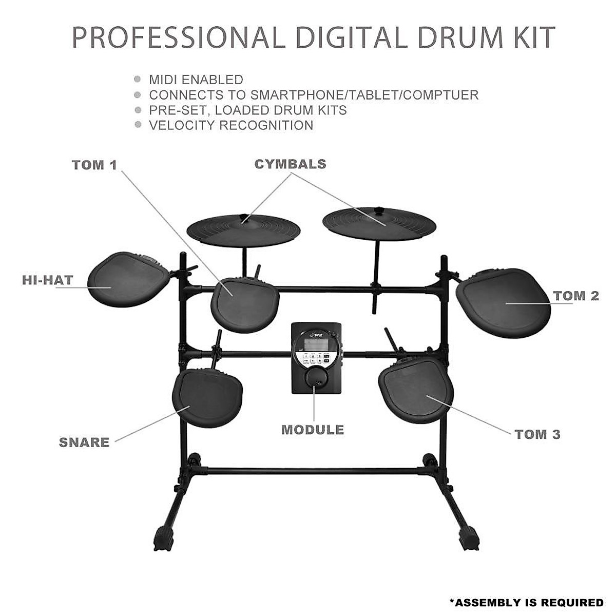 Pyle 9 Piece Electronic Set-Electric Kit with 5 Drum Heads, 2 Cymbal Crash Pads, Hi Hat and Bass Pedal Controller, Module, Stand Rack, Sticks-Professional/Beginners (PED021M)