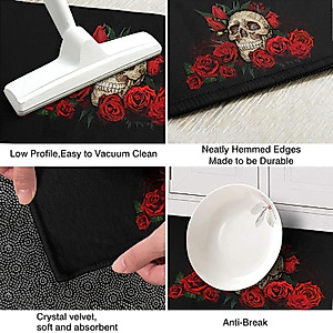 Fuoxowk Skull Roses Kitchen Mat Set, Halloween Decor Goth Kitchen Runner Rugs with Rubber Backing, Throw Rugs Washable for Kitchen Sink, Laundry Room, Standing Desk, Entry, Cool Black Area Rug