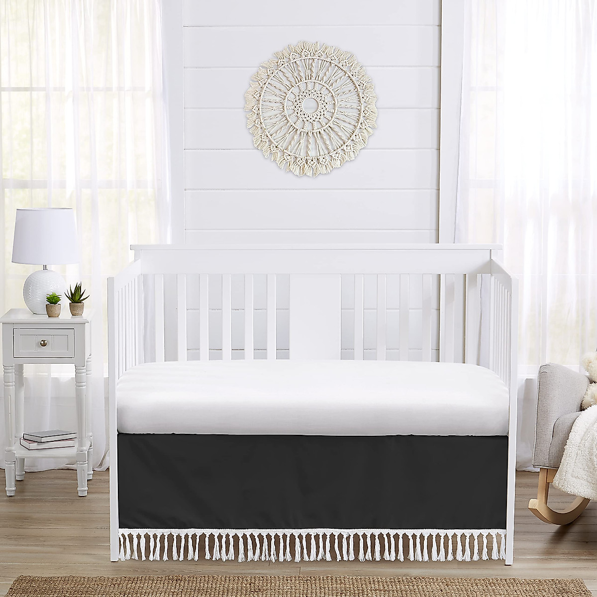 Sweet Jojo Designs Black Boho Bohemian Boy or Girl Baby Crib Bed Skirt Nursery Dust Ruffle - Solid Color White Farmhouse Chic Unisex Minimalist Tassel Fringe Macrame Gender Neutral Unisex Textured