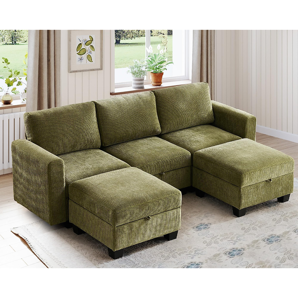ABCASA Luxury Modular Sectional Sofa w/Storage Seat, 92" U Shaped Modular Couch with Reversible Chaise,5 Seater Sofa for Living Room, Apartment, Compact Spaces - Corduroy Green