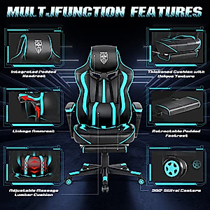 Vonesse Gaming Chairs for Adults Gaming Chair with Footrest Gamer Chair with Massage Reclining Computer Gaming Chair Big and Tall for Heavy People Ergonomic Computer Game Chair Lumbar Support(Cyan)