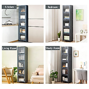 IOTXY Small Narrow Shelf Bookcase - 5-Tier Bamboo Corner Bookshelf with Moru Acrylic Doors, Freestanding Tall Skinny Storage Organizer Rack, for Living Room, Kitchen, Bedroom, Gray, 15.7" W