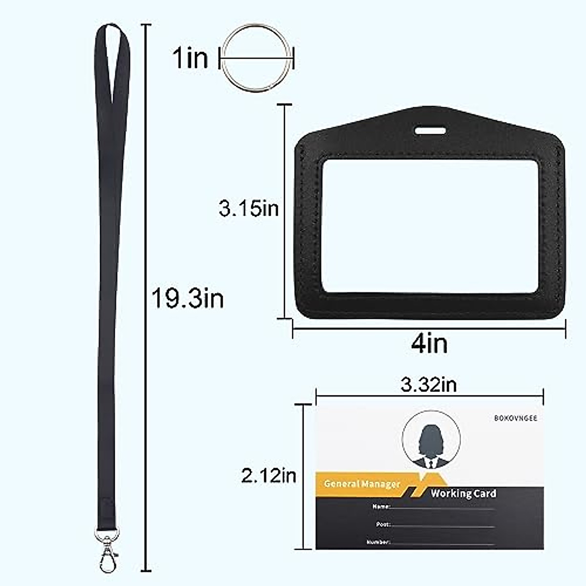 BOKOVNGEE 2pack badge holder with nylon lanyard and key ring, Horizontal cowhide ID badge holder with Double sided transparent window for Office worker，Teachers，Students, Workers，Medical staff