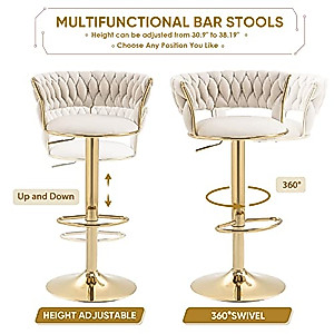 KINFFICT Velvet Swivel Bar Stools Set of 2, Adjustable Counter Height Bar Stool with Woven Back, Upholstered Kitchen Dining Chairs, Modern Barstools for Kitchen Island, Cafe, Pub, Bar Counter(Ivory)
