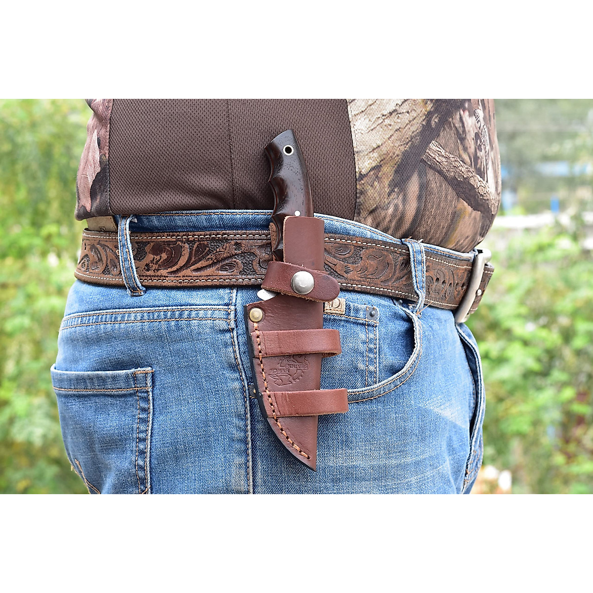 Knives Ranch Handmade Damascus Steel Full Tang 7-1/2" Skinning Knife - Rosewood Handle - Heavy-Duty Dual Carrying Leather Sheath (2016-IRW)