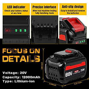【Upgrade】20V/60V 12.0Ah Replace Battery for Dewalt 60V Battery DCB606 DCB612 MAX Repalce for Dewalt 60V Flexvolt battery DCB606-2 DCB609-2 DCB204 DCB206 Cordless Power Tools Lithium-ion Battery