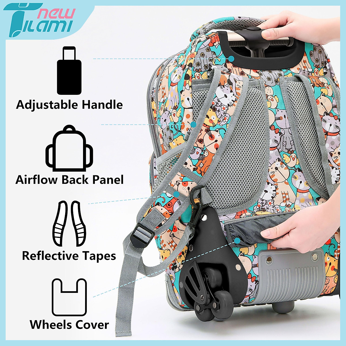 NEW TILAMI Rolling Backpack with Wheels for Boys School Adjustable Laptop Backpack with Wheels for Girls to School Travel Camping Boys Rolling Backpack Cute Cats 18 Inches