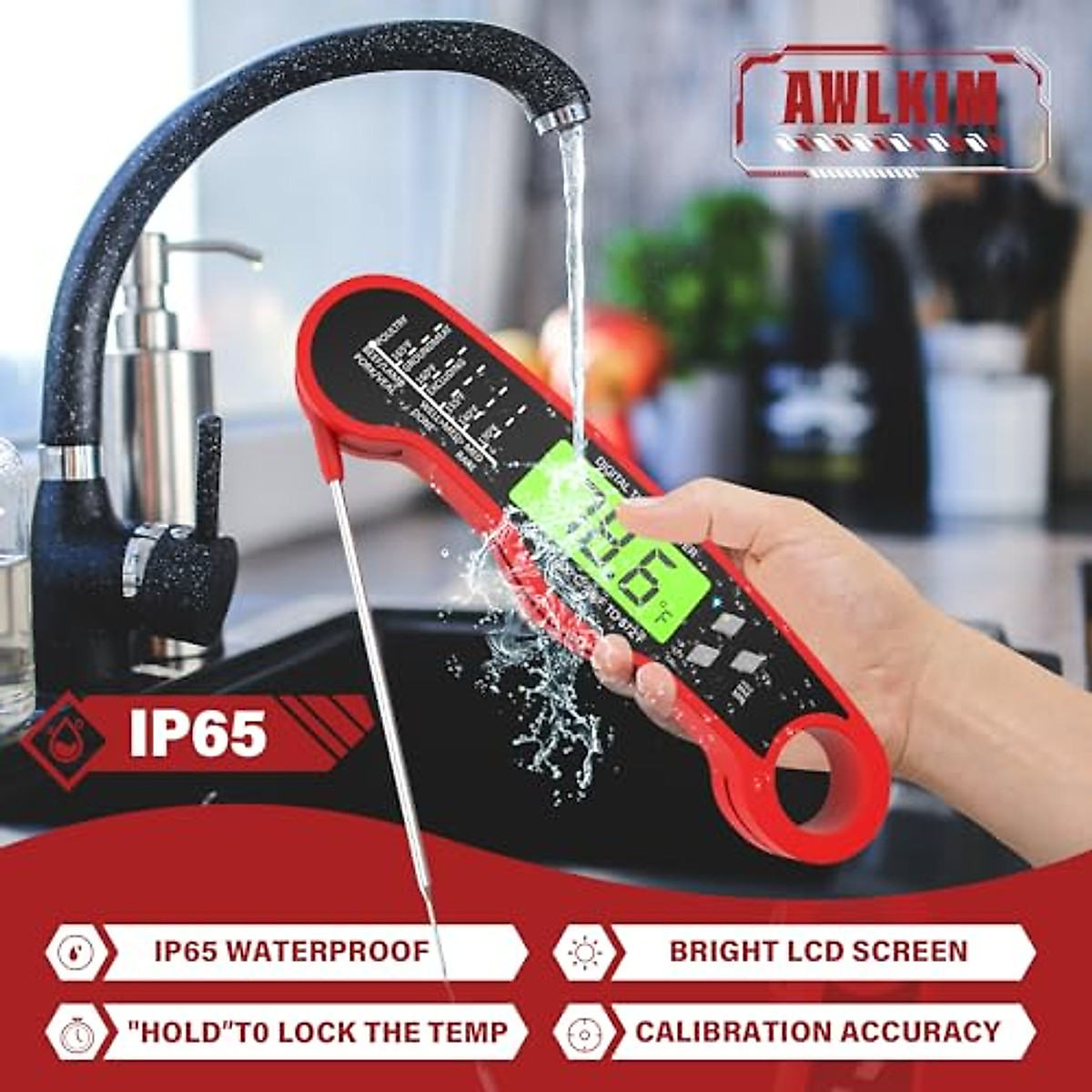 AWLKIM Meat Thermometer Digital - Fast Instant Read Food Thermometer for Cooking, Candy Making, Outside Grill, Waterproof Kitchen Thermometer with Backlight & Hold Function - Red