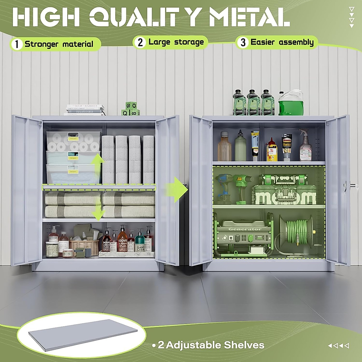 Patiomore 42” Metal Garage Storage Cabinet, Lockable File Cabinets with 2 Doors and 2 Adjustable Shelves, Steel Tool Cabinets with Lock for Office, Home, Gym (Grey)