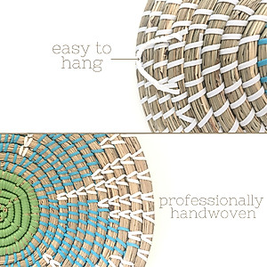 GoGift Wall Basket Decor - Wicker Coastal For Home Baskets Hanging Woven Boho Beach Rattan Seagrass Set of 3 Beige Teal Blue and Light Green