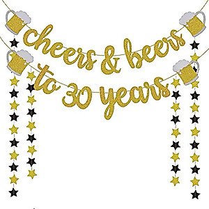 30th Birthday Decorations for Him/Her - 30th Birthday Gifts - Cheers & Beers to 30 Years Gold Glitter Banner - 30th Anniversary Decorations for Party, 30th Wedding Party Supplies for Men/Women